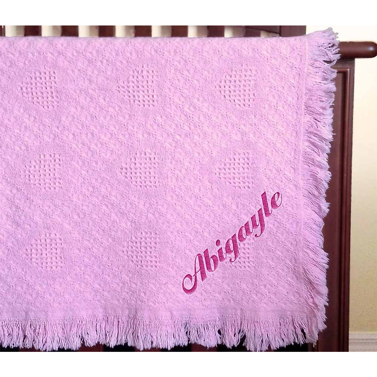 Custom Embroidered Monogrammed Pink Girl Cotton Woven Personalized Baby Blanket