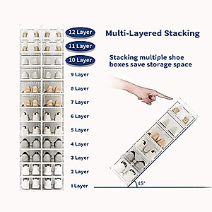 SEE SPRING 12 Pack Medium + 12 Pack X-large Shoe Storage Box, Clear Plastic Stackable Shoe Organizer for Closet, Space Saving Foldable Shoe Containers Bins Holders (Black Clear)