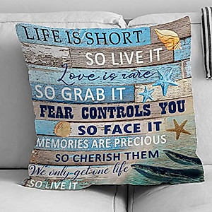 Beach House Throw Pillow Cushion Beach Theme Ocean White Linen Pillow Covers Coral Nursery Decor Modern Toss Pillows with Zippe for Sofa Living Room 18x18in Home Decoration Pillow Birthday Gift