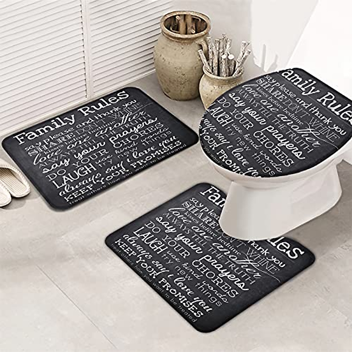 Apular Fashion 3 Piece Bath Rugs Set Family Rules Black White Non Slip Ultra Soft Bathroom Accessories Mats, U Shape Mat and Toilet Lid Cover Mat Bath Mats