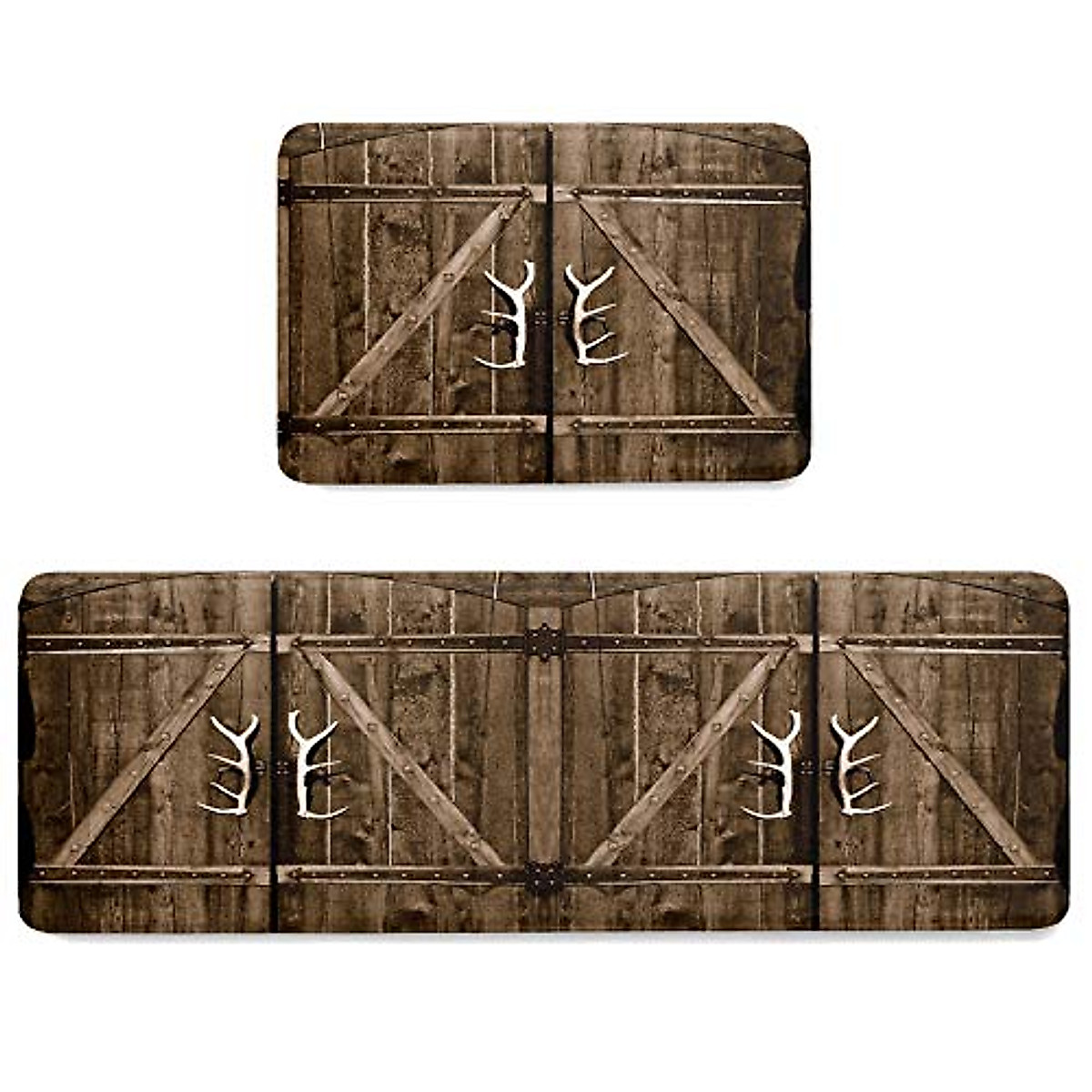 Kitchen Rug Sets 2 Piece Non-Slip Kitchen Mats and Rugs Country Rustic Antler Wooden Barn Christmas Winter Decorative Area Runner Carpets Floor Doormat