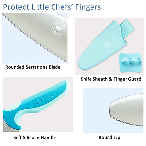 Kibbidea 4 Pcs kids knife set for real cooking, Kids First Cutting Knife Set, Round Tip Kids Friendly Kitchen Knife, BPA-free Stainless Steel Kids Chef Knife to Learn to Cook (Blue)