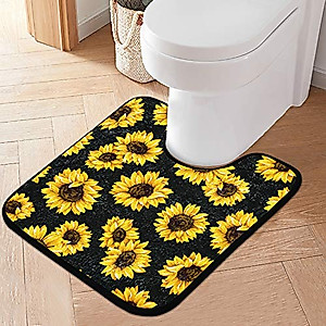 senya Sunflower Black Bathroom Rugs Set 2 Piece Non-Slip Runner Doormats Soft U-Shape Contoured Toilet Mat Absorbent Bath Rugs for Home Decor