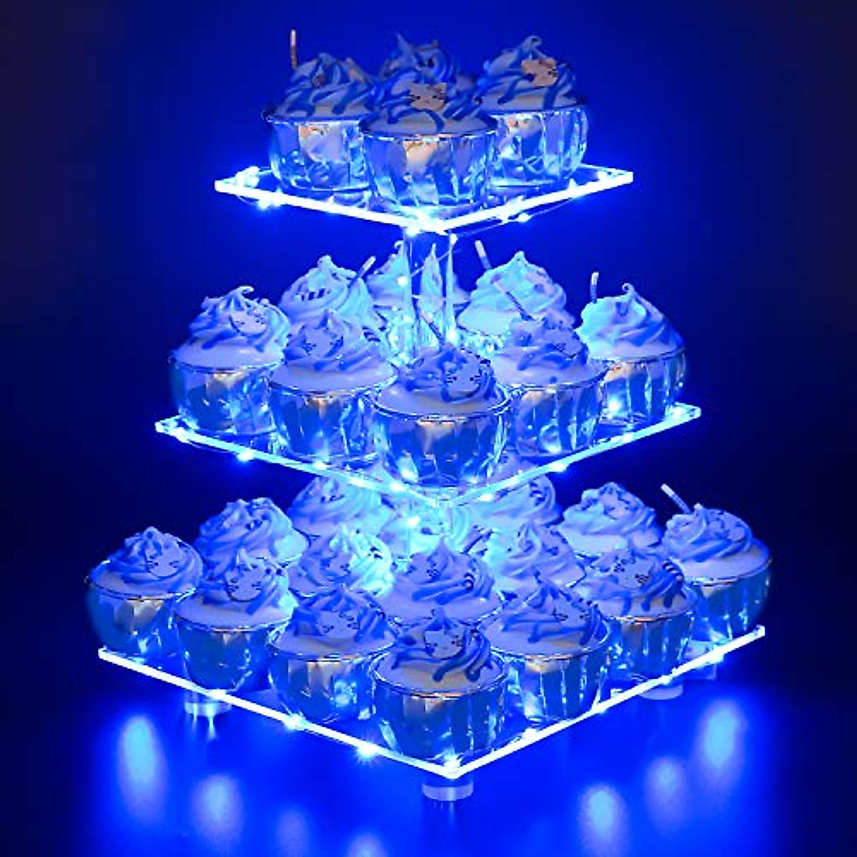 YestBuy 3 Tier Square Cupcake Stand - Premium Cupcake Holder - Acrylic Cupcake Tower Display - Cady Bar Party Décor + LED Light String - Ideal for Weddings, Birthday Parties(Blue Light)
