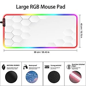 Gaming Mouse Pads Hexagon Shaped White Large RGB Mousepad XL Desk Computer Pad Gaming Accessories Extended Led Mouse Pad XXL Big Keyboard Desk Mat with Lock Edge 50X100Cm