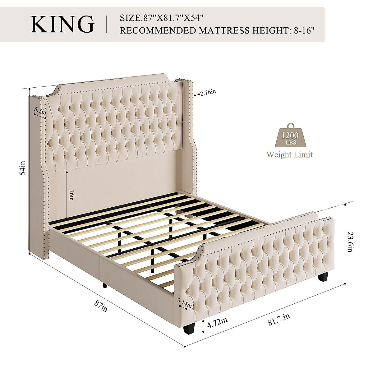 HOSTACK King Size Platform Bed Frame with 54" Tall Wingback Headboard & Deep Button Tufted Footboard, Velvet Upholstered Bed Frame with Handmade Pleats, Nailhead Trim, No Box Spring Needed, Cream