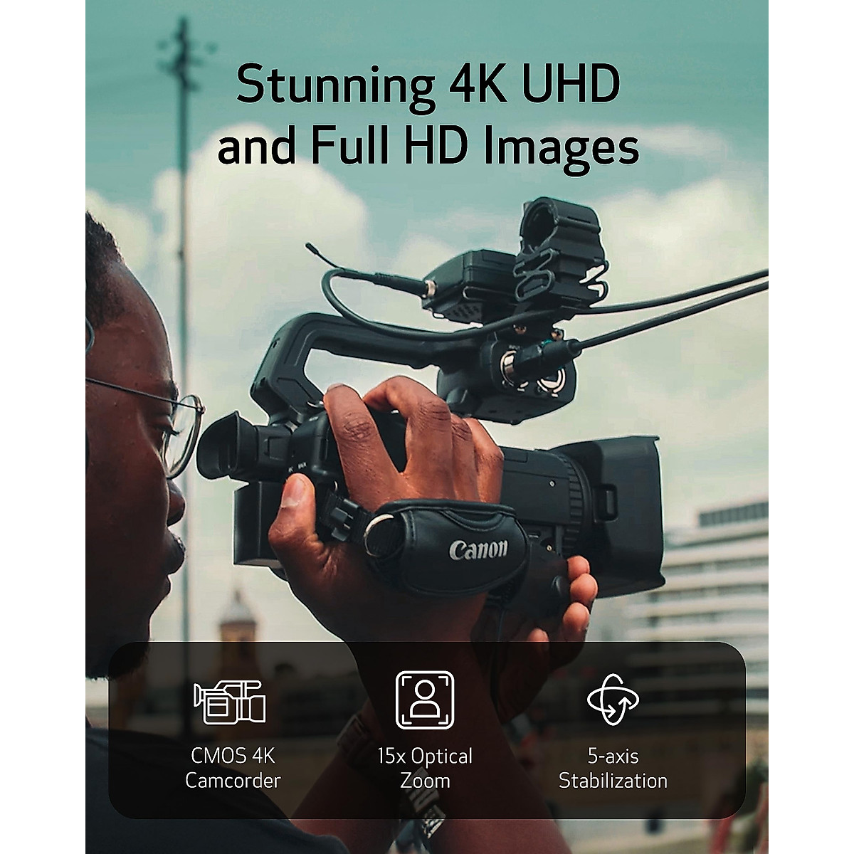 Canon XA70 Pro Camcorder 1” 4K UHD CMOS Sensor, Dual-Pixel CMOS AF, 15x Optical Zoom, 600x Digital Zoom, Image Stabilization, HDMI, USB Live Streaming, Time Stamp On-Screen Disp. Recording, XLR inputs