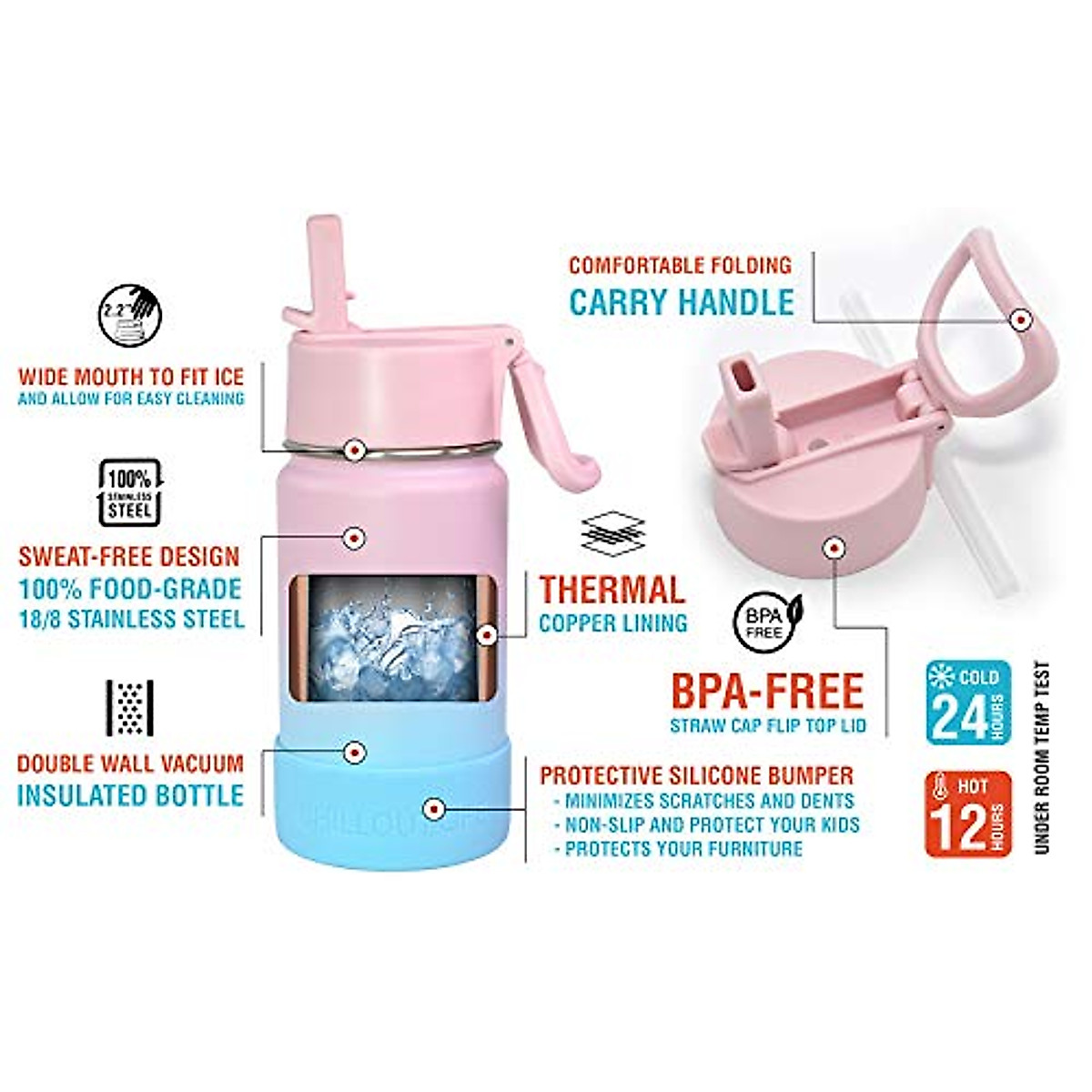 CHILLOUT LIFE 12 oz Kids Insulated Water Bottle for School with Straw Lid Leakproof and Cute Waterproof Stickers, Personalized Stainless Steel Thermos Flask Metal Water Bottle for Girls & Boys