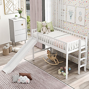 RORIGAT Twin Size Low Loft Bed with Ladder & Slide,Toddler Loftbeds with Safety Rails,Solid Pine Wood Bedframe,Space-Saving Funiture, No Box Spring Needed,White