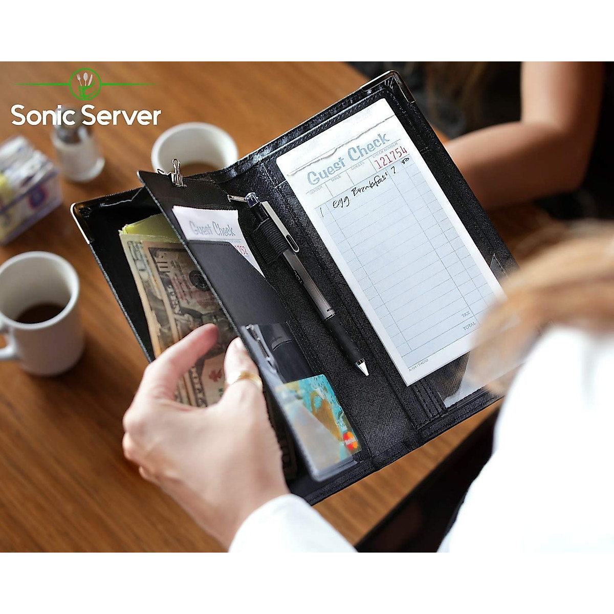 Sonic Server 5x9 11-Pocket Server Book Organizer with Double Magnetic Pockets, Zipper Pouch & Pen Holder for Waitress Waiter Waitstaff | Cross-Textured Black | Fits Apron Holds Guest Checks