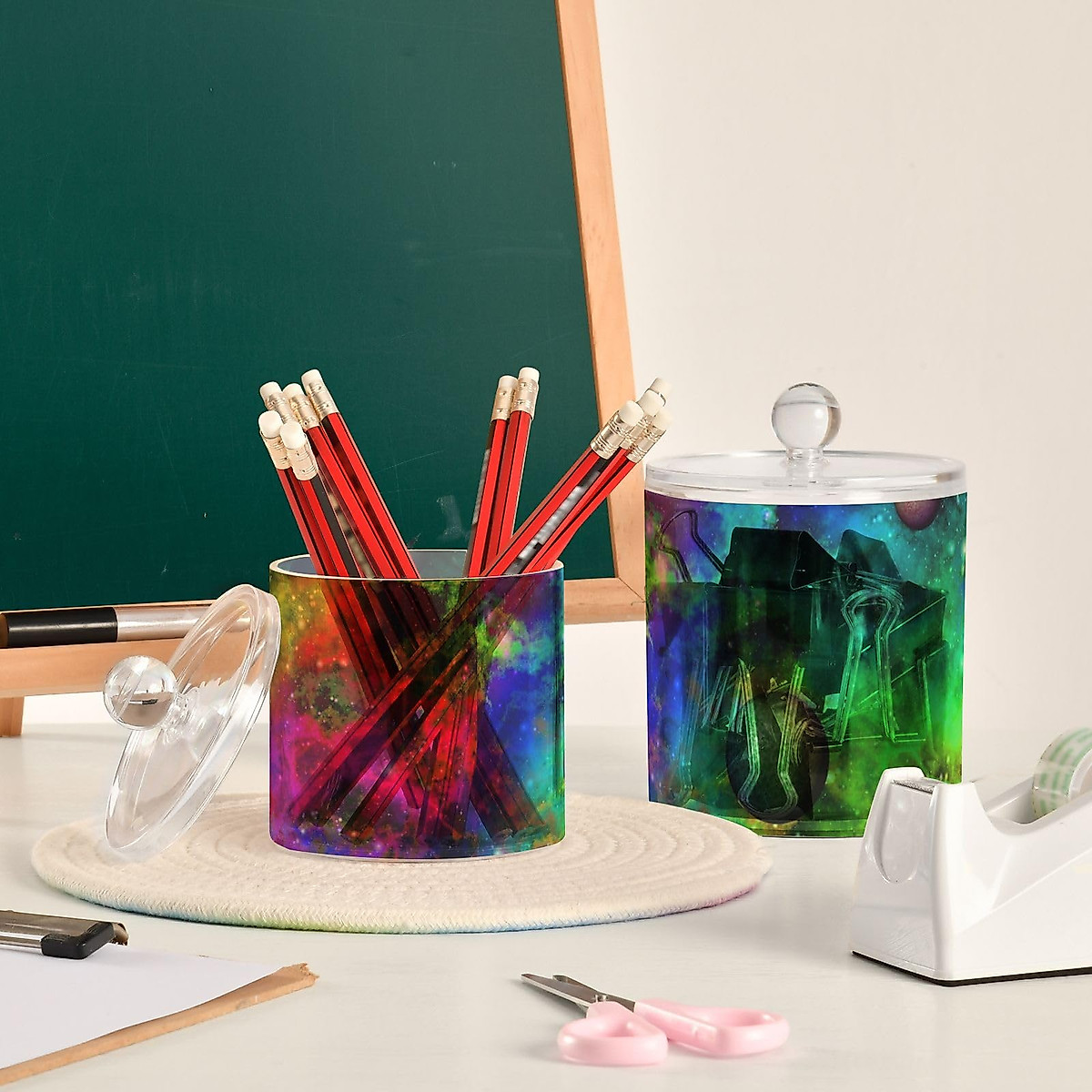 OTVEE Set of 2 Abstract Colorful Planet Universe Cotton Swab Holder Plastic Qtip Bathroom Container for Floss Apothecary Jar