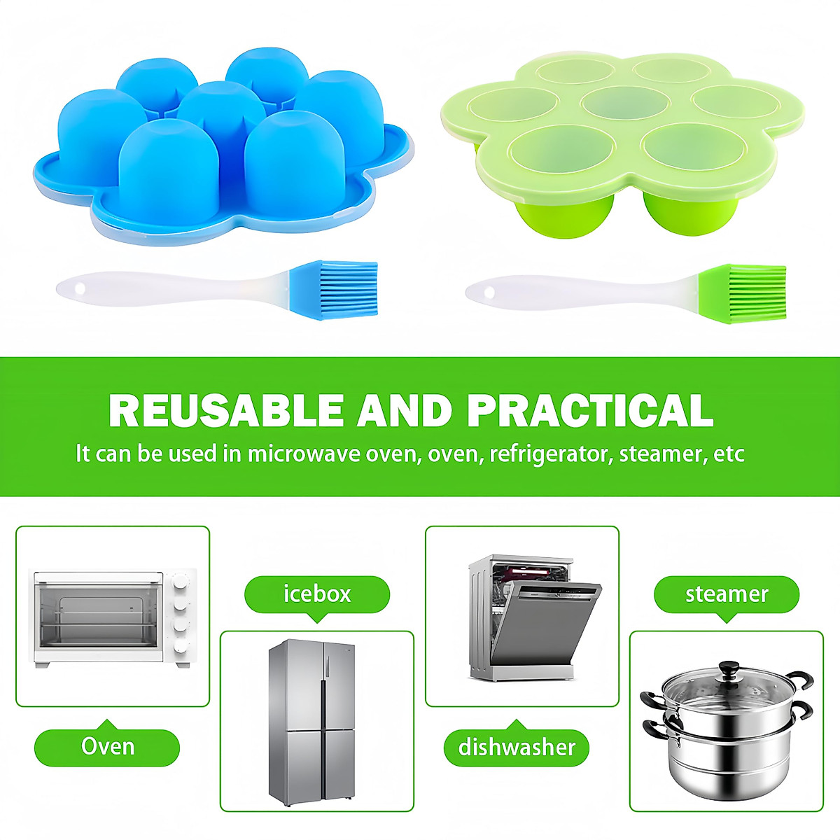 2Sets Silicone Air Fryer Egg bite Mold, 2 Pack Reusable Egg Bites Pan with Lid + 2 Pack Oil Brushes, Air Fryer Egg Mold for Air Fryer Accessories