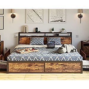 LIKIMIO King Bed Frame with Storage Drawer, 2-Tier Storage Headboard with Charging Station, No Box Spring Needed, Easy Assembly, Vintage Brown