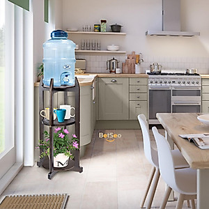 BETSEO Natural Solid Wood Water Dispenser Floor Stand (32.8" Hight-11.2" Wide) Drink Dispenser Floor Stand with 3 Round Shelfs Included for 1-5 Gallon Water Bottles/Crocks, Water Jug (Walnut Color)