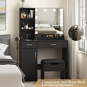 Fameill Makeup Vanity Desk with Lighted Mirror & Power Strip,Black Vanity Table Set with Lights and Lots Storage,2 Drawer Makeup Table,3 Lighting Colors,35.4in(L)