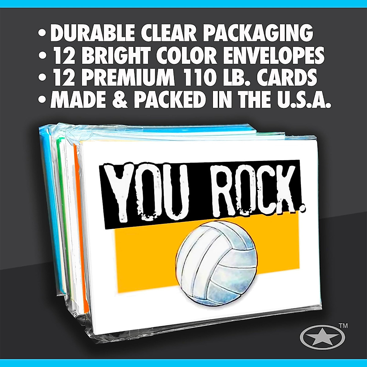 VOLLEYBALL YOU ROCK Note Cards 12-Pack (4.25"x5.5") Illustrated Sports Powercards Thank You Note Card Set Awesome for Volleyball Players, Coaches, Fans and Fanatics - They'll Love 'Em!
