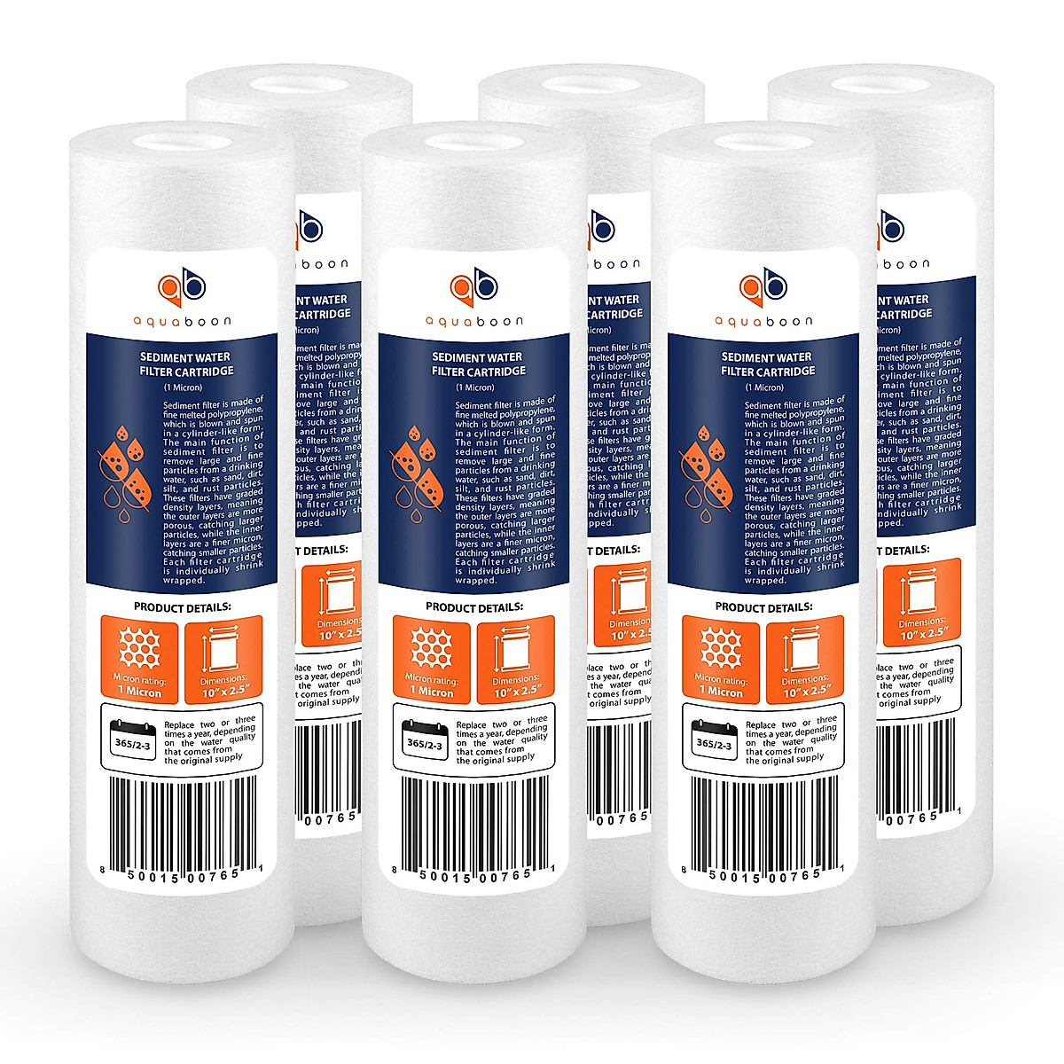 Aquaboon 6-Pack 1 Micron 10x2.5" Sediment Water Filter Replacement Cartridge for Any Standard RO Unit, Whole House Sediment Filtration, Compatible with DuPont WFPFC5002, Pentek DGD series, RFC series
