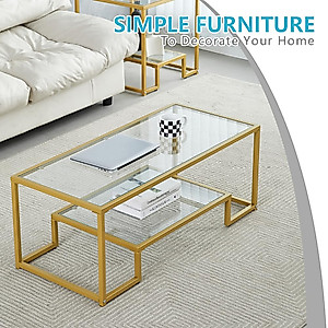 Golden Metal Glass Coffee Table - Two-Tiered with Tempered Glass, Stylish Metal Frame Coffee Table for Bedroom, Dining Room, Office Room.