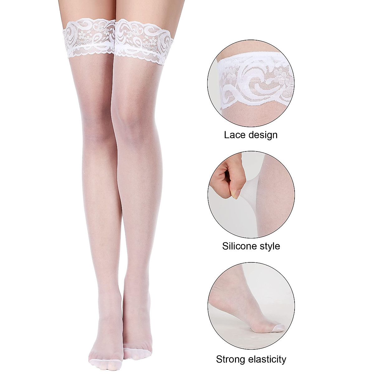 3 Pairs Women Thigh High Stockings Anti-skid Silicone Lace Stockings Silk Stocking Tights for Women and Girls Supplies(Medium,White)