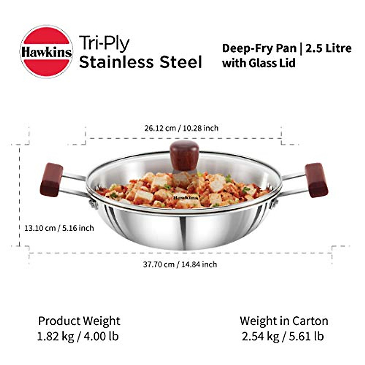 HAWKINS Triply 3 mm Stainless Steel Deep Fry Pan 2.5 LTR with Lid, Silver (SSD25G), Standard