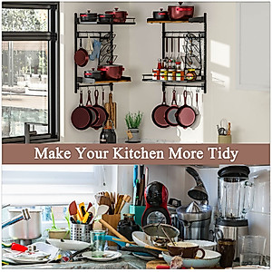 Zitaloken Hanging Pots and Pans Organizer, 2 Packs Adjustable Kitchen Shelves Wall Mounted, Pot Lid Holder Cookware & Cutting Board Storage Rack with 18 Hooks,Matte Black