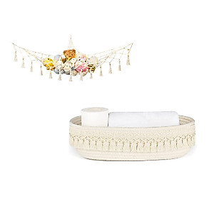 Dahey Stuffed Animal Storage Net Hammock with String Light Hanging Toys Storage Organizer and Macrame Storage Basket for Nursery Kid Playroom Bedroom