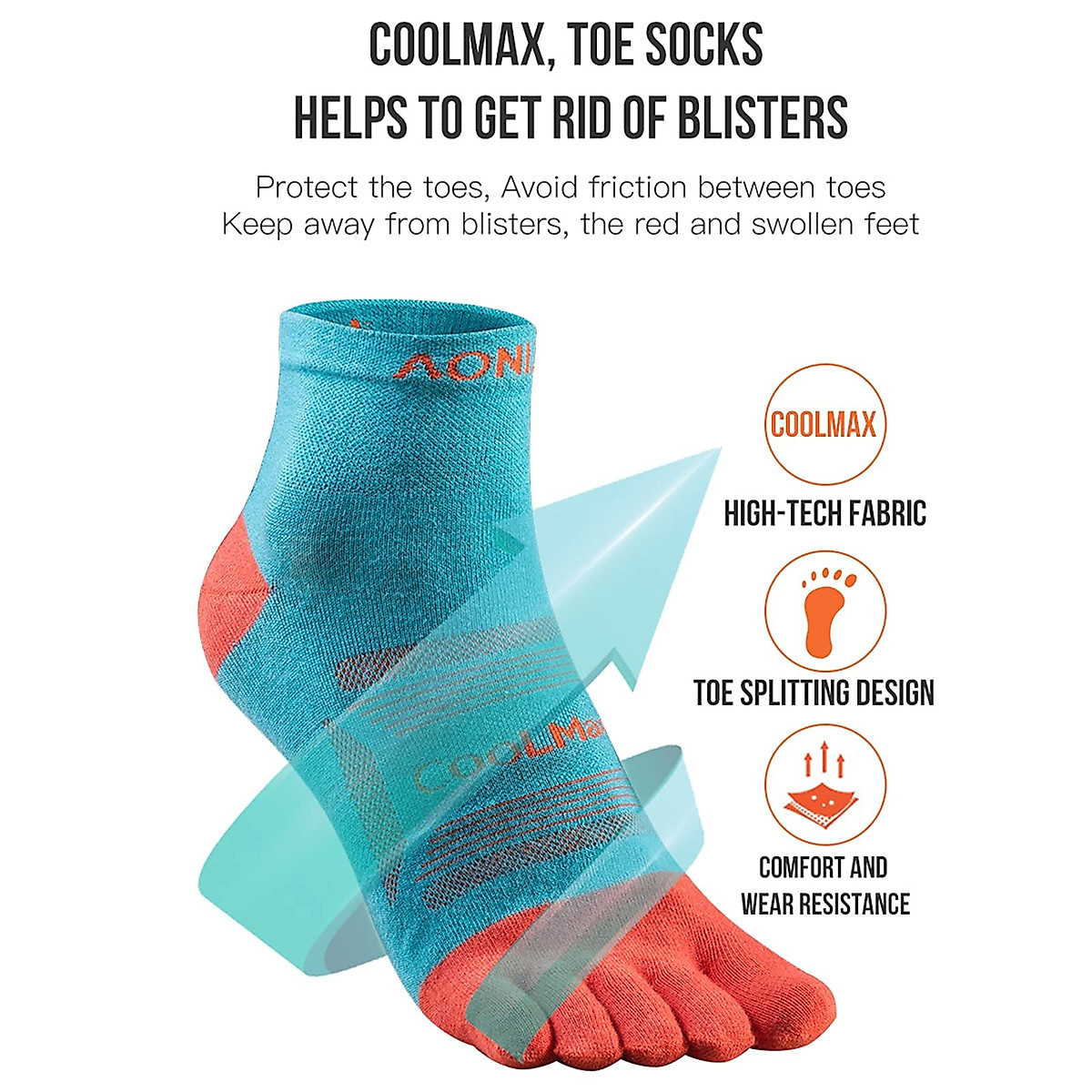 AONIJIE Pack of 3 Sports Socks Athletic Five Toe Socks for Men Women Running Hiking Wicking Crew Mid Cut M Size