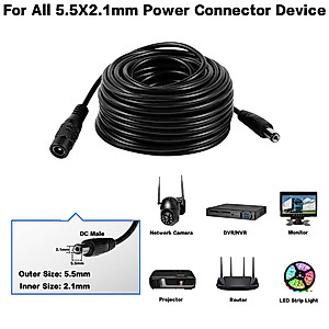 Vanxse Dc 12v CCTV Power Extension Cable 2.1x5.5mm for CCTV Security Camera WiFi IP Surveillance Camera NVR Dvr LED Strip Router Christmas Light (20Meters-65FT)