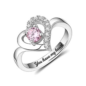 Shusukue Sterling Silver Birthstone Heart Ring Personalized Birthstone Ring Engraved Birthday Jewelry Gifts for Women