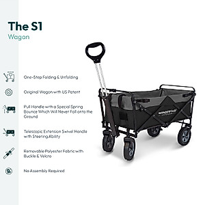 WONDERFOLD S1 Folding Utility Cart with Easy-Clean Removable 600D Fabric, Adjustable Pull Handle with Spring Bounce Technology & Active Front Steering, Black