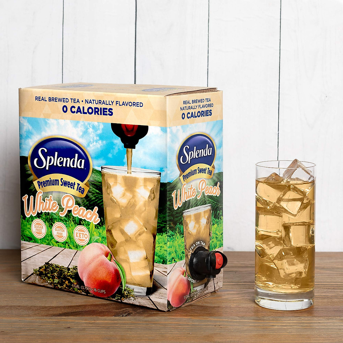 SPLENDA Premium Sweet Tea On Tap, 1 Gallon Bag In Box Ready to Drink Liquid, White Peach Green Tea, 128 Fl Oz