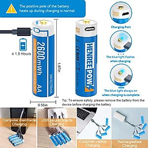 Henreepow 1.5V AA Lithium Rechargeable Batteries, High Capacity 2600mWh(1700mAh) Double A Lithium ion Rechargeable Battery, 1200 Cycles with 4 in 1 USB Charging Cable (4 Pack with Storage Box)