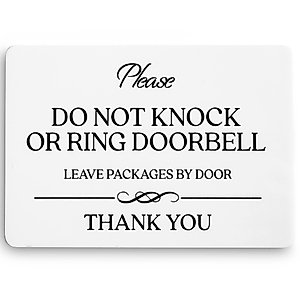 Do Not Knock or Ring Doorbell Sign (White Acrylic 5 x 3.5 in) - Please Do Not Ring Doorbell Sign - Dont Ring Doorbell Sign - Do Not Knock Sign - No Soliciting Sign for House Door - No Solicitors Sign