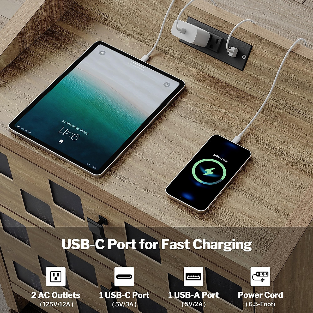 SICOTAS Wide Nightstands Set of 2 with Charging Station and USB-C Port, 24" Large Wood Night Stand with 2 Drawers, Bedside Table with Checkered Pattern Decor, End Side Table with Storage for Bedroom