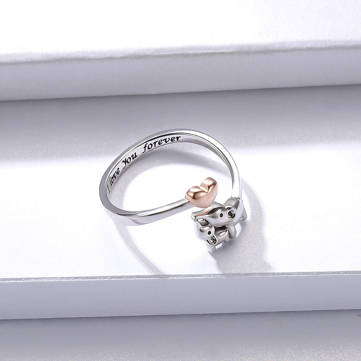 Mom Daughter Elephant Ring 925 Sterling Silver Adjustable Love Heart Finger Rings Pendant for Women Wife Mom Nana Daughter Jewelry Gift (Rose gold heart, Size 6-9)