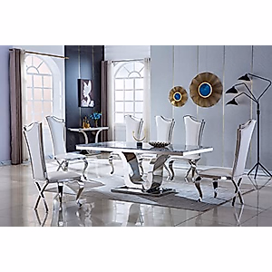 78'' Marble Dining Room Table for 6 or 8, Dining Table with Silver Stainless Steel "U" Shaped Pedestal, Rectangular Kitchen Table with 0.71'' Thick Gray Marble Tabletop, Mirror Finish Base(No Chairs)