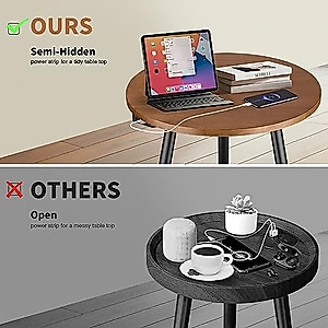 KINNARY End Table with Charging Station, Round Side Table with USB Port & Outlet, Adjustable Height Metal Leg, Small Nightstand Table for Living Room Bedroom, 12.8''D x 20''H, Walnut Wood