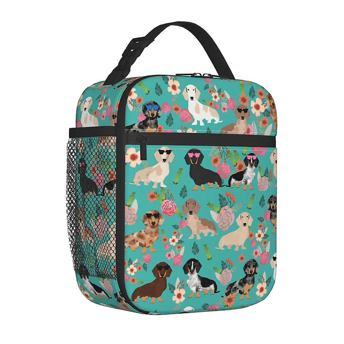 wzialfpo Dachshund Dog Flowers Florals Lunch Box Insulated Lunch Bags Zipper Lunch Bag Cooler Tote Bag For Boys Girls Teens Men Women Office Picnic Travel