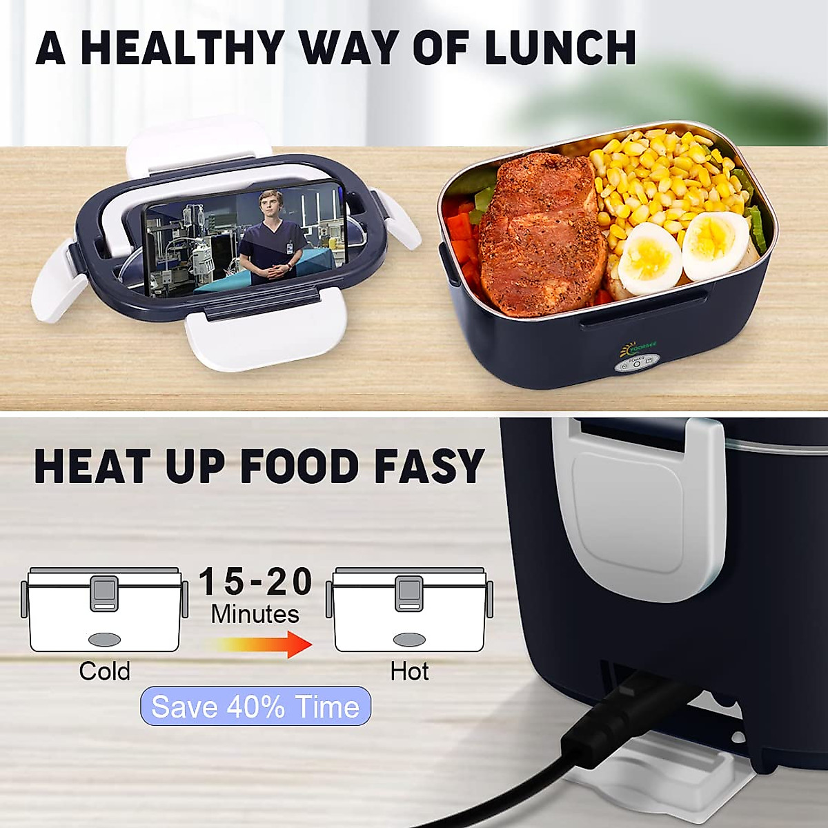 Yoorbee Electric Lunch Box Food Heater, 60W Heated Lunch Boxes for Adults,Durable 3-In-1 Portable Food Warmer for Car& Home/Office,Leak-proof,with Fork&Spoon,Carry Bag