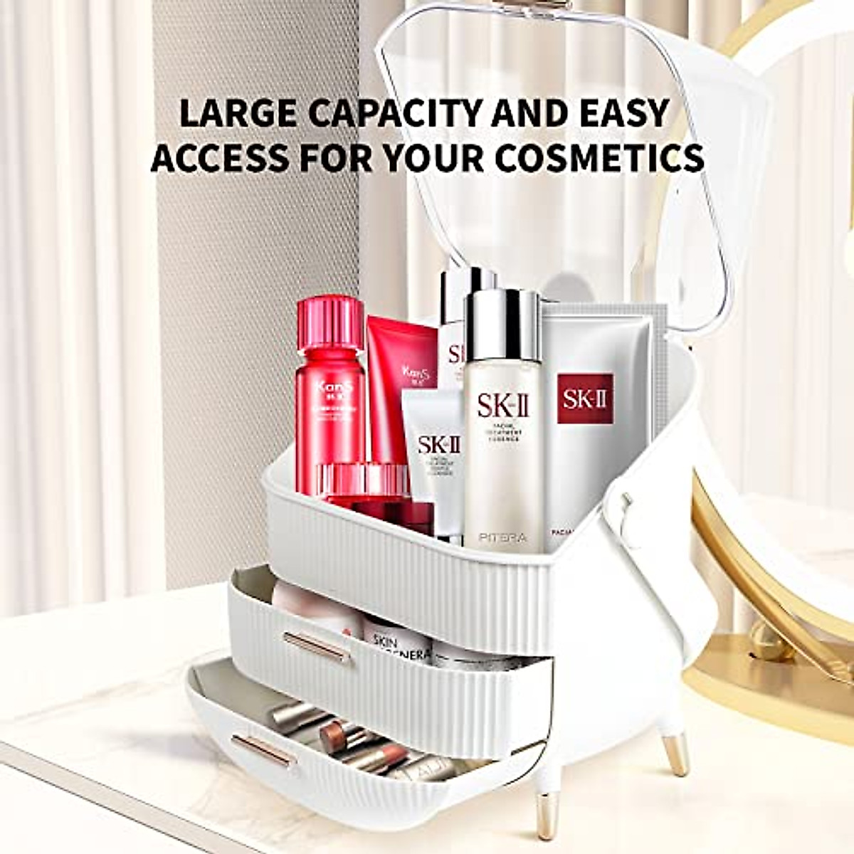 Zglori Makeup Organizer - Cosmetics & Skincare Storage Box with Lid & Drawers, Water & Dust Free, Vanity Organizer for Dresser, Countertop, Bathroom (WHITE)