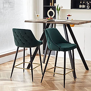 NORDICANA Velvet Button Tufted Barstools Set of 2, 27 inch Upholstered Kitchen Island Counter Dining Chair Soft Upholstered High Stools with Mid Backrest and Footrest, Dark Green