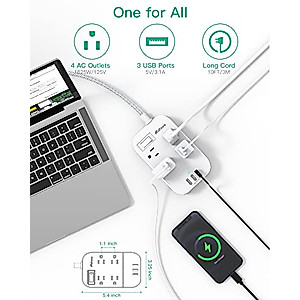 Power Strip Long Extension Cord - 10Ft Braided Extension Cord with Flat Plug, 4 Outlets and 3 USB Charging Ports, Overload Protection and Wall Mount for Home, Office