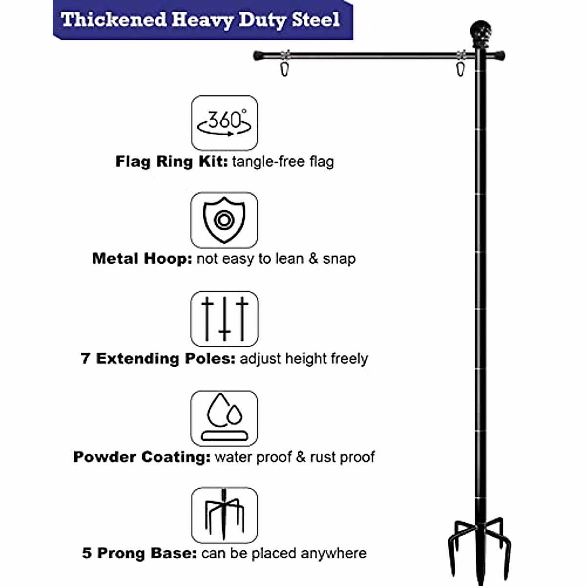 Balie Space 10FT Tall Freestanding Flag Pole for 3x5 Feet American Flag, Adjustable Garden Flagpole Stand with 5 Spikes Base for Outdoor Yard, 10 Feet