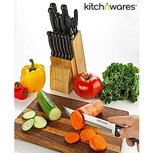 Knife Set With Wooden Block - 15 Piece Set Includes Chef Knife, Bread Knife, Carving Knife, Utility Knife, Paring Knife, Steak Knife, Boning Knife, Scissors And Knife Sharpener. - By Kitch N’ Wares