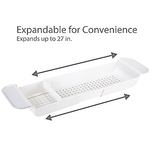 Bath Bliss Expandable Bathtub Caddy | Non-Slip | Over The Tub | 21-27 inch | Tub Tray | Bathroom Storage and Organizer | Shelf | Hold Soaps and Towels | White