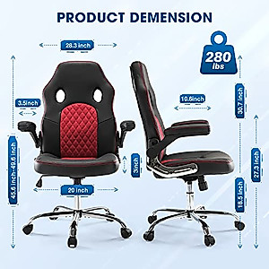 Ergonomic Gaming Chair - Mid Back PU Leather Home Office Desk Chairs, Flip Up Armrest Computer Task Chair with Lumbar Support Wheels, Rocking, and Swivel, Red