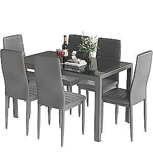 Recaceik Glass Dining Table Sets for 6, 7 Piece Kitchen Table and Chairs Set for 6 Person, Tempered Glass Table and PU Leather Chairs Modern Dining Room Sets for Small Dinette Apartment