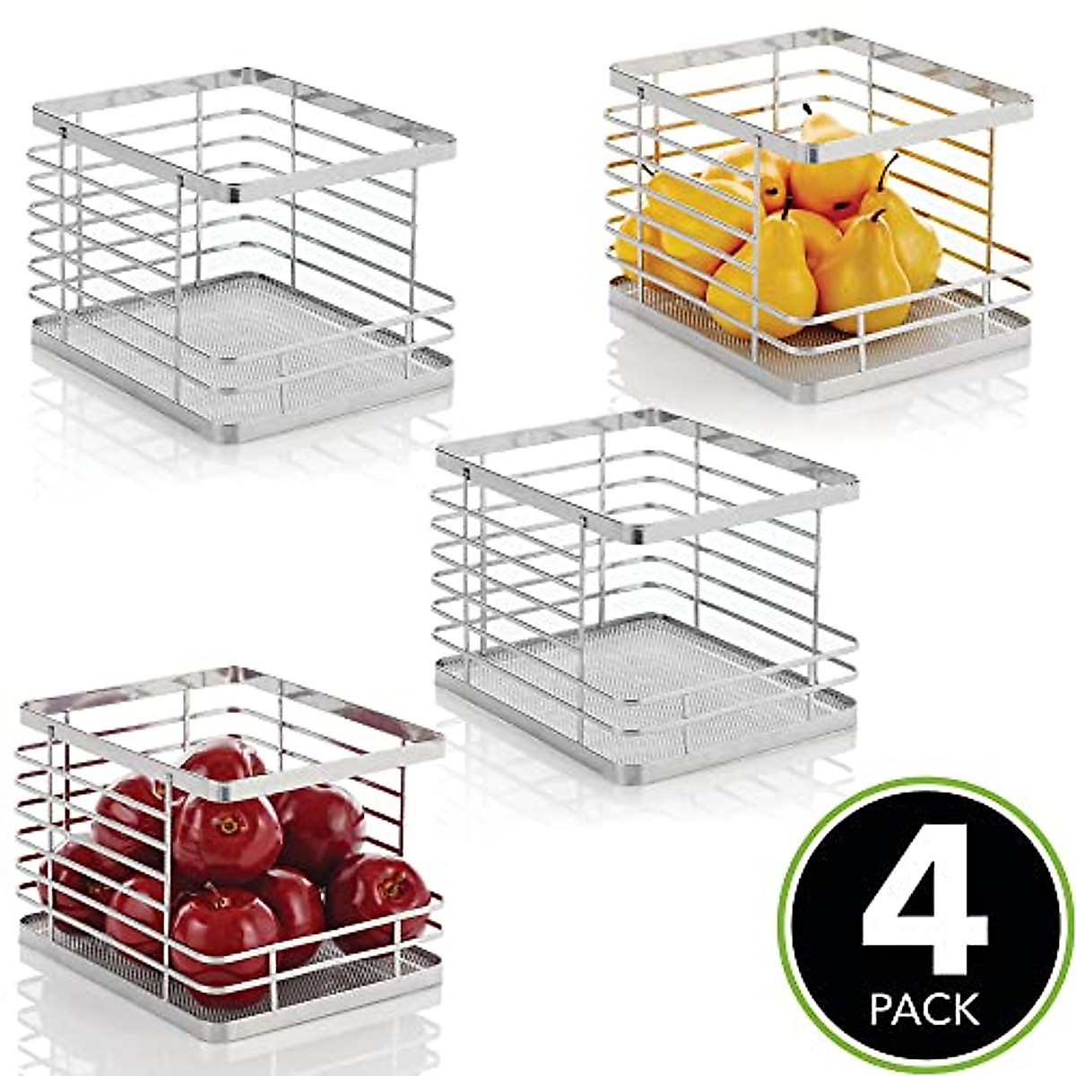 mDesign Stacking Wire Baskets Food Organizer Storage Metal Basket with Open Front for Kitchen Cabinet, Pantry, Cupboard, and Shelves - Organize Fruits, Snacks, and Vegetables - 4 Pack - Chrome