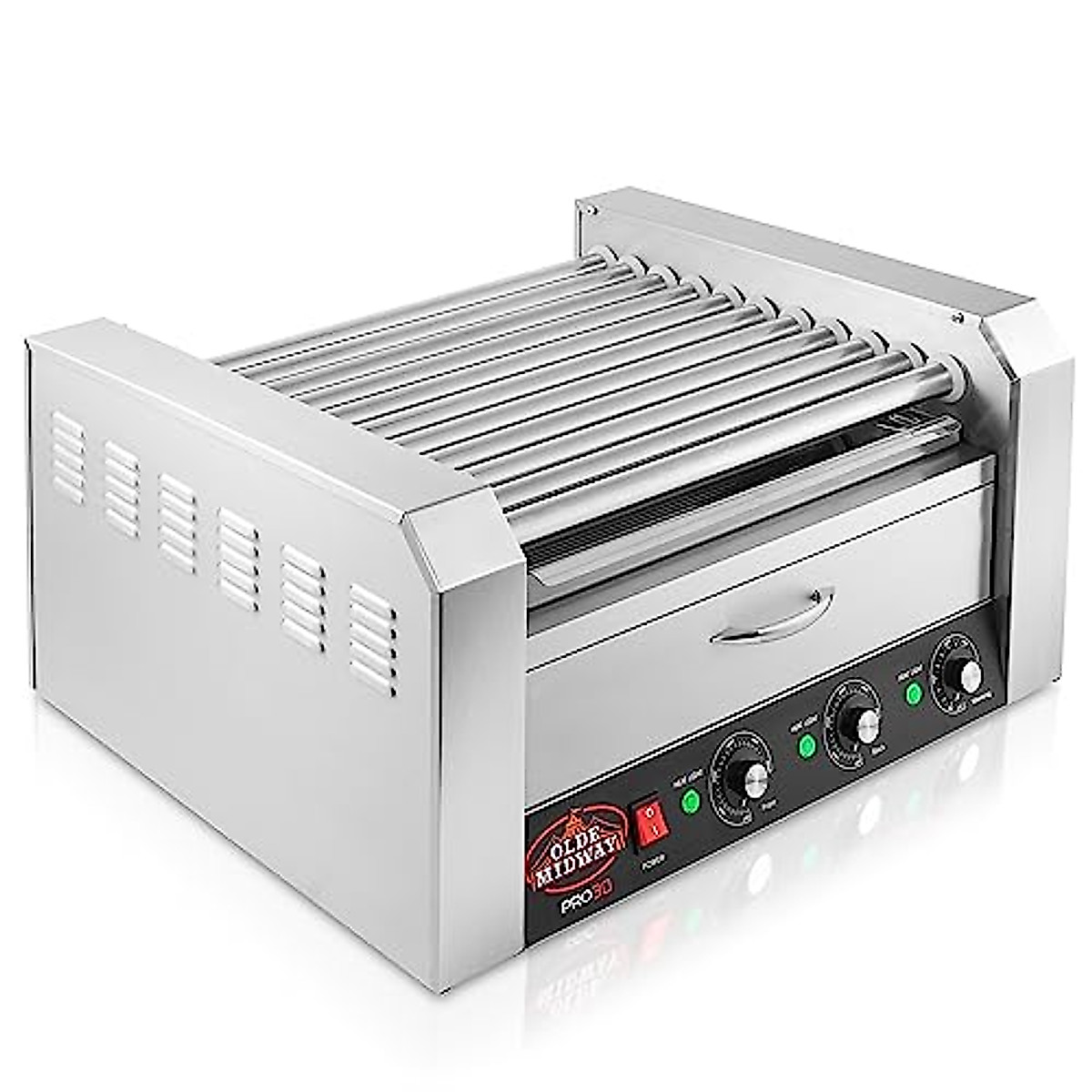 Olde Midway Electric 30 Hot Dog 11 Roller Grill Cooker Machine with Bun Warming Drawer - Commercial Grade, Stainless Steel