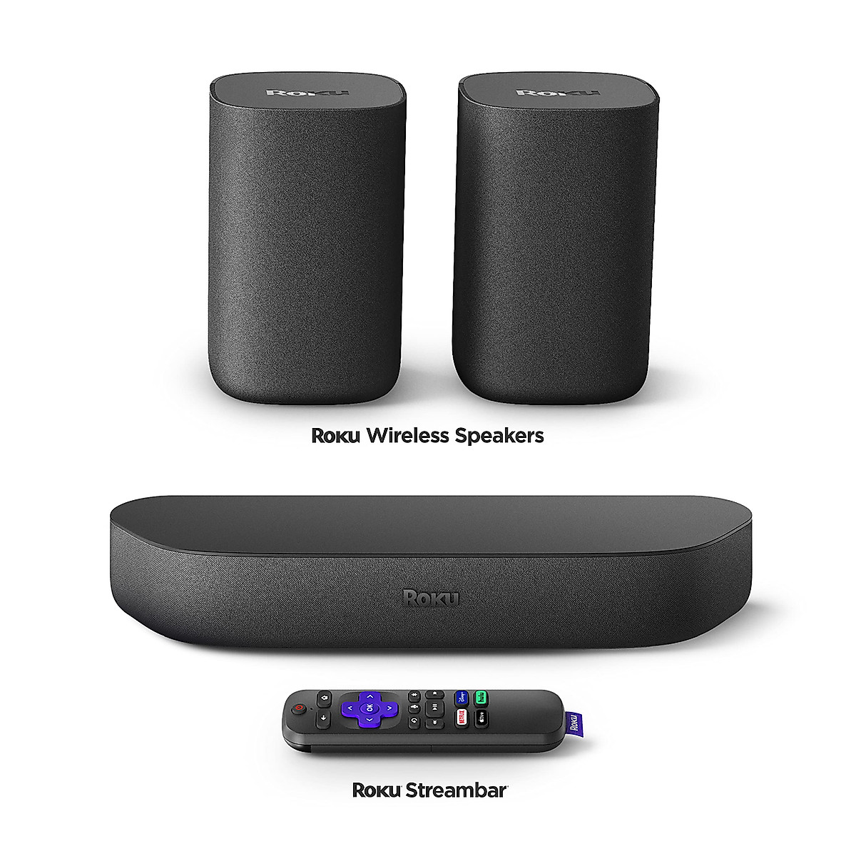 Roku Streambar Wireless Speakers | 4K HDR Streaming Device & Premium Soundbar All in One, Two Wireless TV Speakers, Voice Remote, Free & Live TV